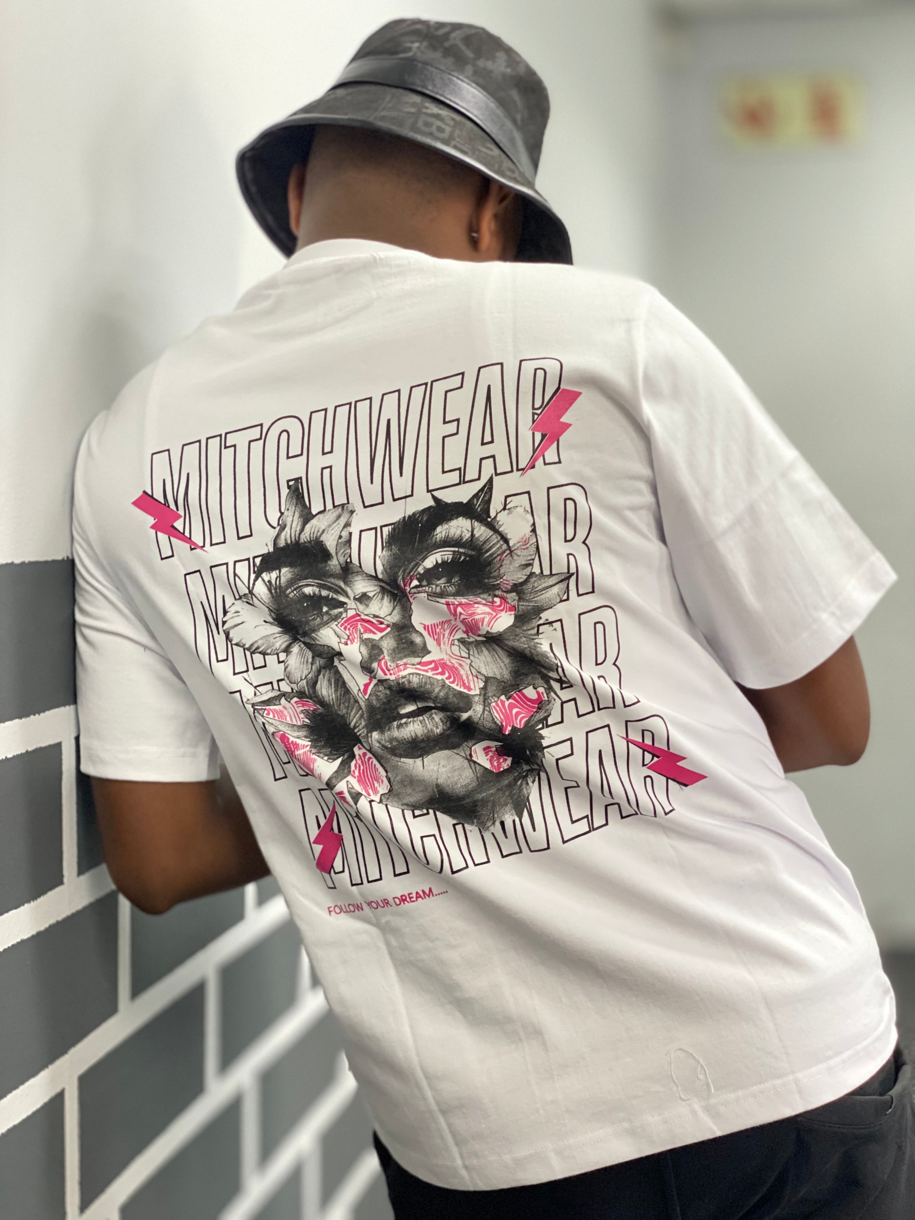 White Pink Face Logo 240gsm T-shirt – Mitchwear SA